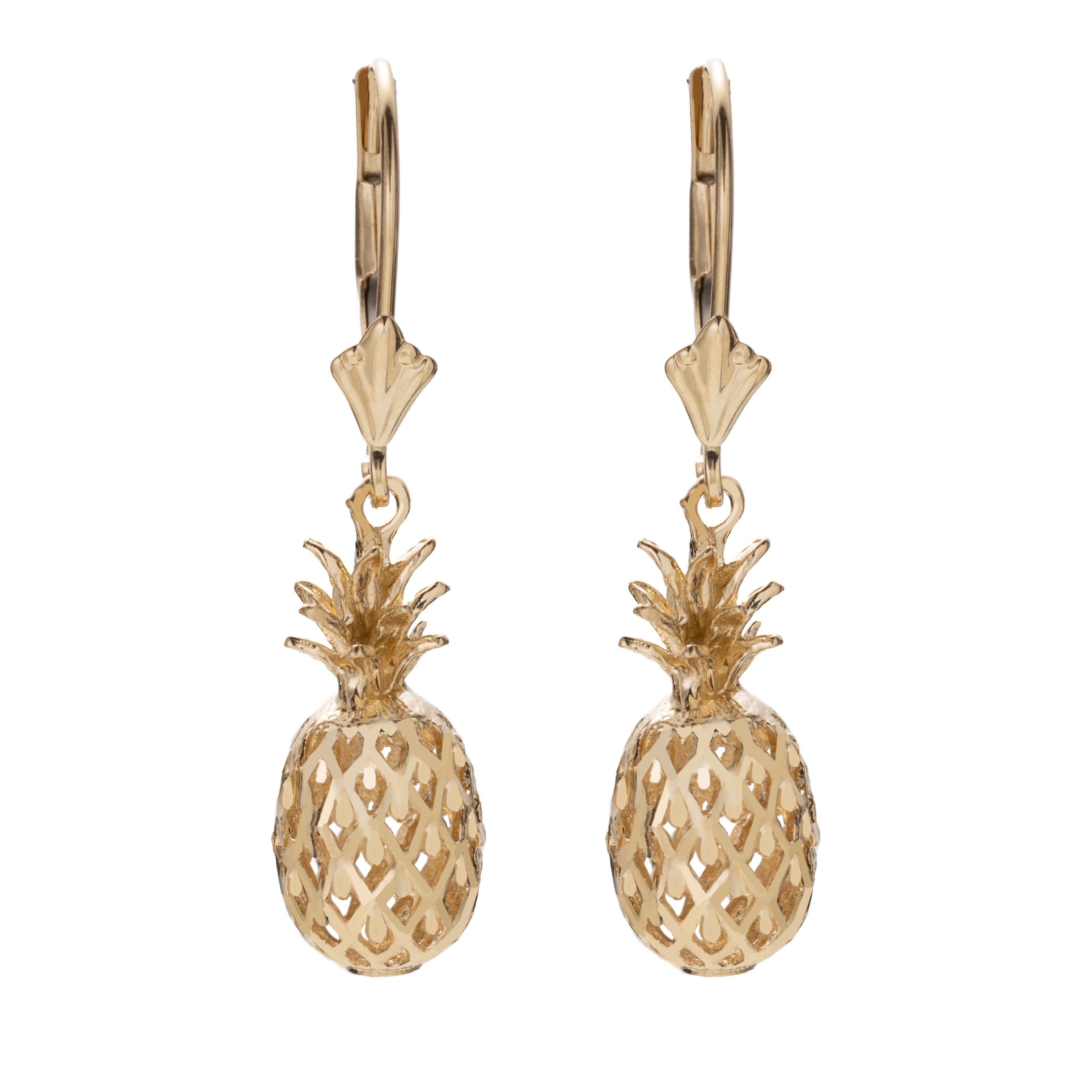 14K Solid Yellow Gold Hawaiian Diamond Cut 3D Pineapple Dangle Earring – Aloha Jewelry Co.
