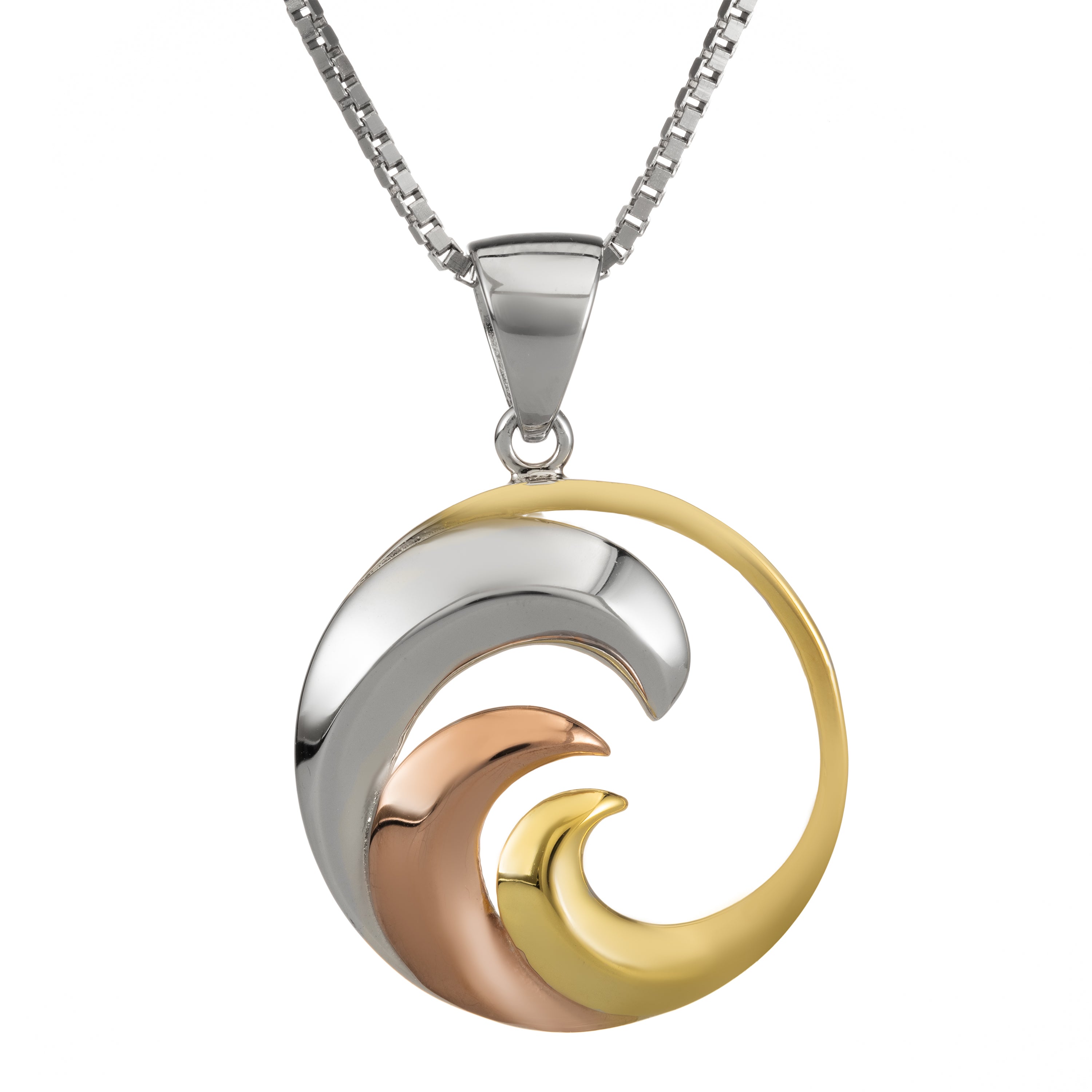 925 Sterling Silver 14K Gold Plated Tri-Color Ocean Wave Necklace Pend ...